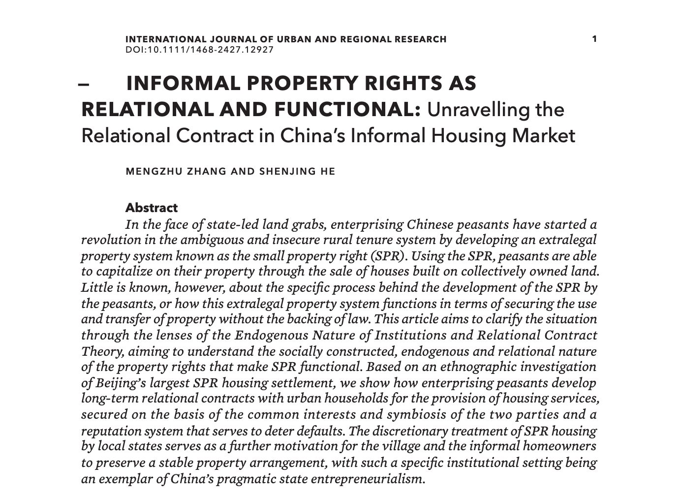 Informal Property Rights as Relational and Functional: Unravelling the ...