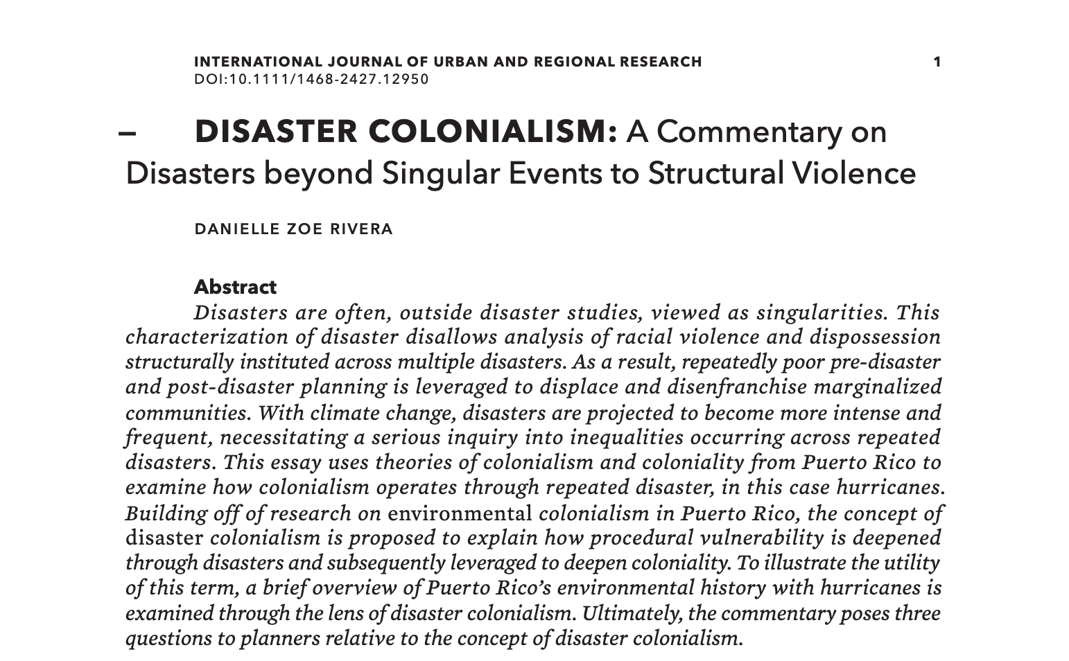 Disaster Colonialism: A Commentary on Disasters beyond Singular Events ...